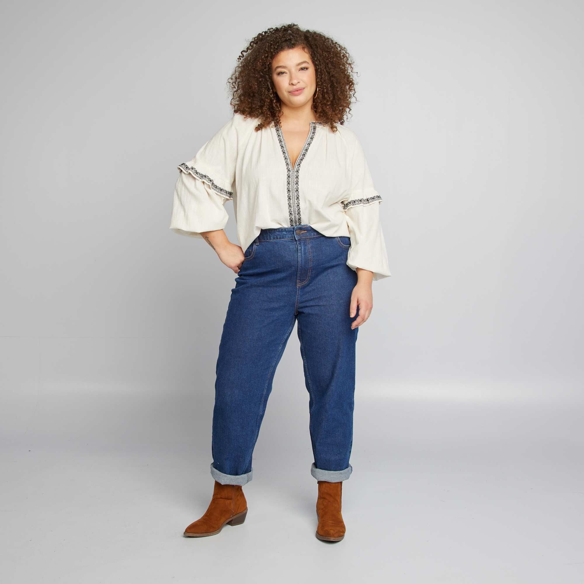 Cotton gauze blouse with embroidered patterns BEIGE – Kiabi KSA