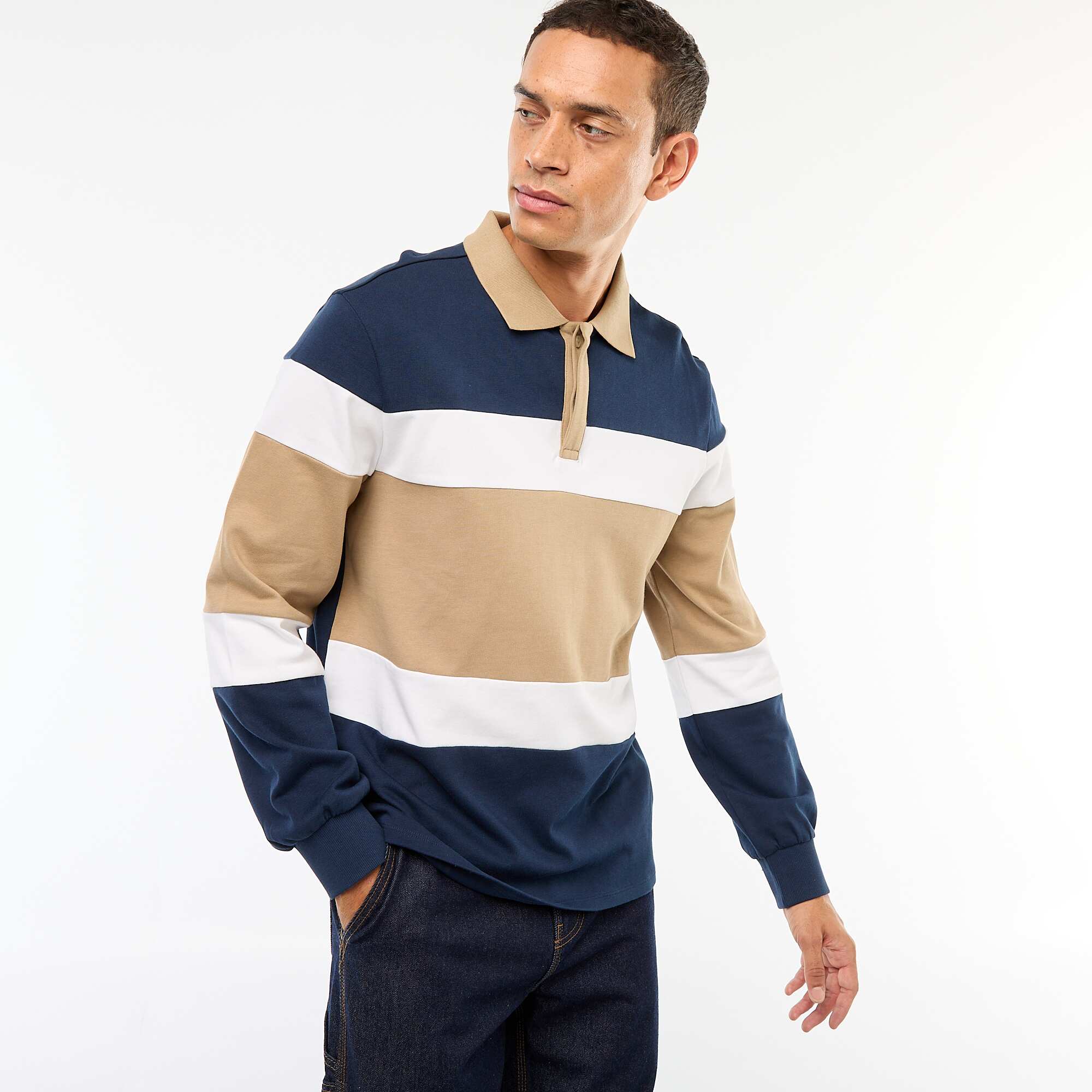 Rugby-Style Colorblock Long Sleeve Polo Shirt BLUE – Kiabi KSA