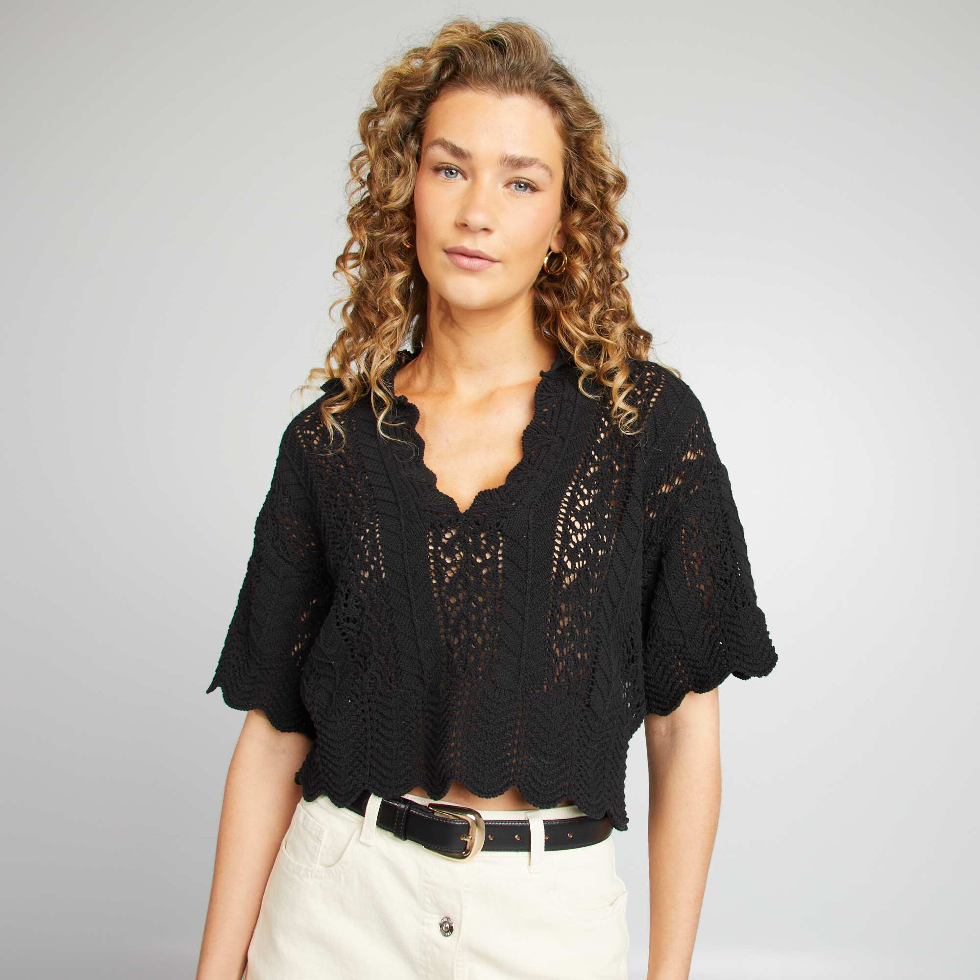 Openwork sweater with polo collar BLACK – Kiabi KSA